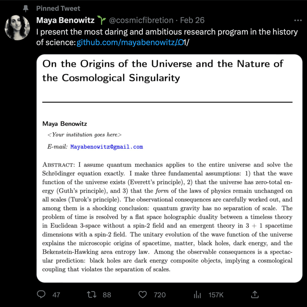 Maya Benowitz : On the Origins of the Universe and the Nature of the ...